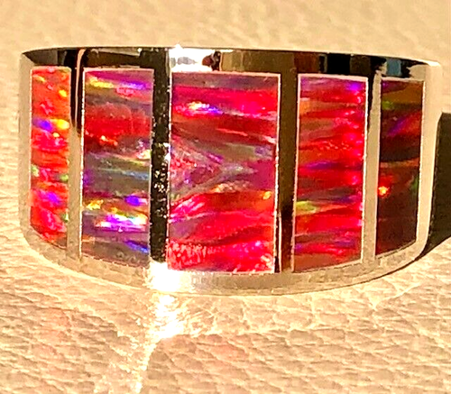 Unisex Red Wide band Black fire opals Sterling silver heavy 'Flame ...