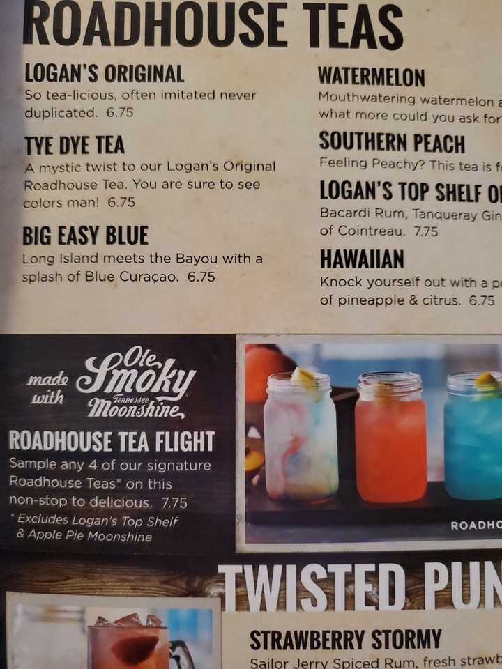 2015 Logan's Roadhouse Beverage & Dessert Menu Roadhouse Teas Coronita ...