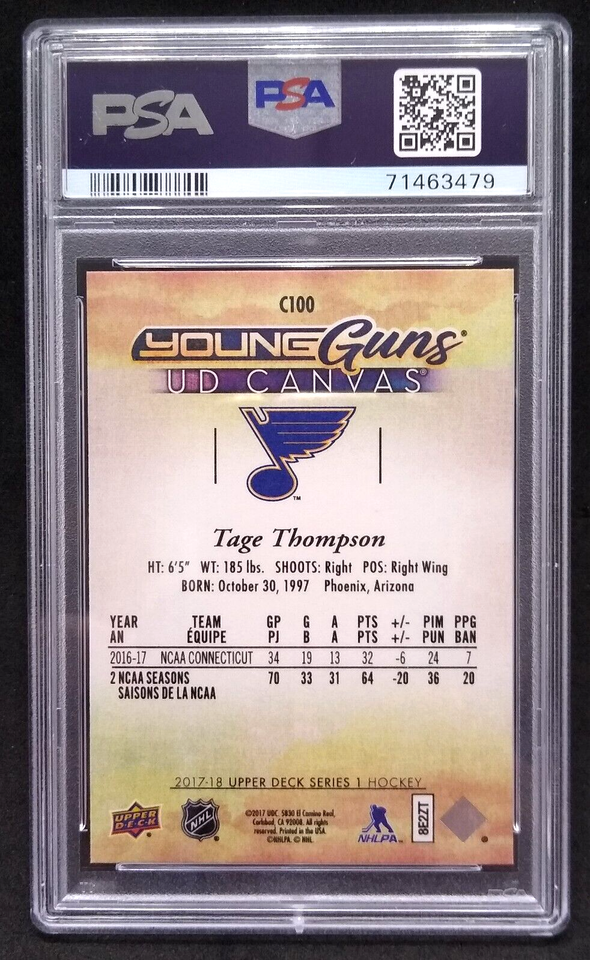 2017 Upper Deck TAGE THOMPSON Young Guns Canvas Rookie Card C100 PSA 10 ...