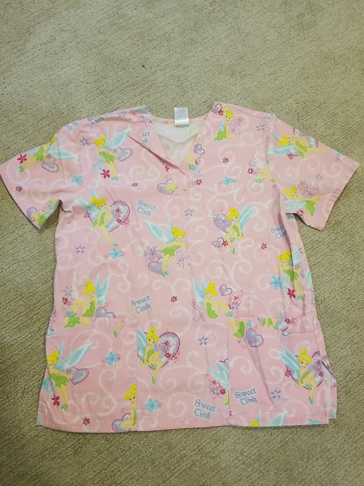 Disney Tinker Bell Womens Scrub Top Medium Pink Sweet Tink Short Sleeve ...