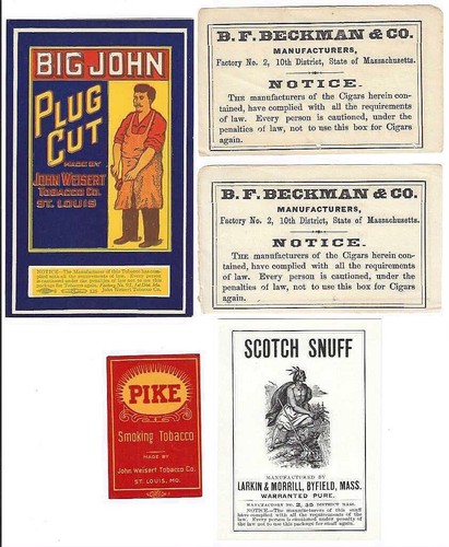 5 Tobacco Labels, Big John Plug Cut, Native Indian, Pike, Beckman & Co ...