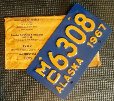 1967 67 Alaska AK Motorcycle License Plate # 6308 - Rare MC Tag Great ...