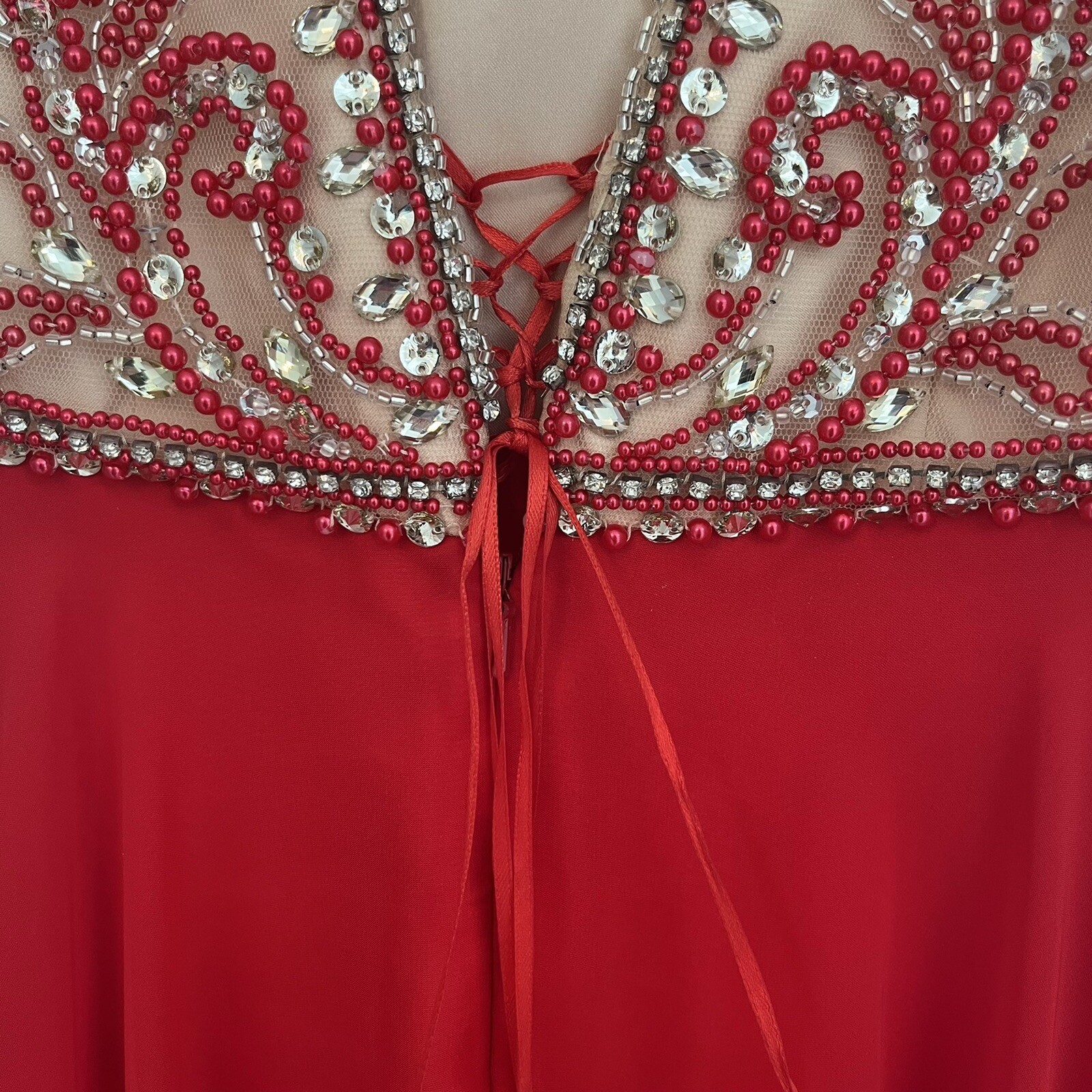 Prom Party Formal Evening Long Dress Red Sz S/M Jewel… - Gem