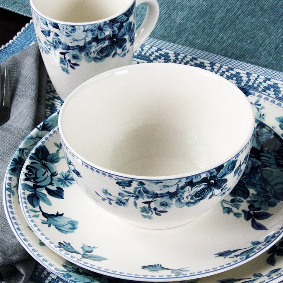 Traditional Blue Rose 16 Piece Service for 4 Stoneware Dinnerware Set ...