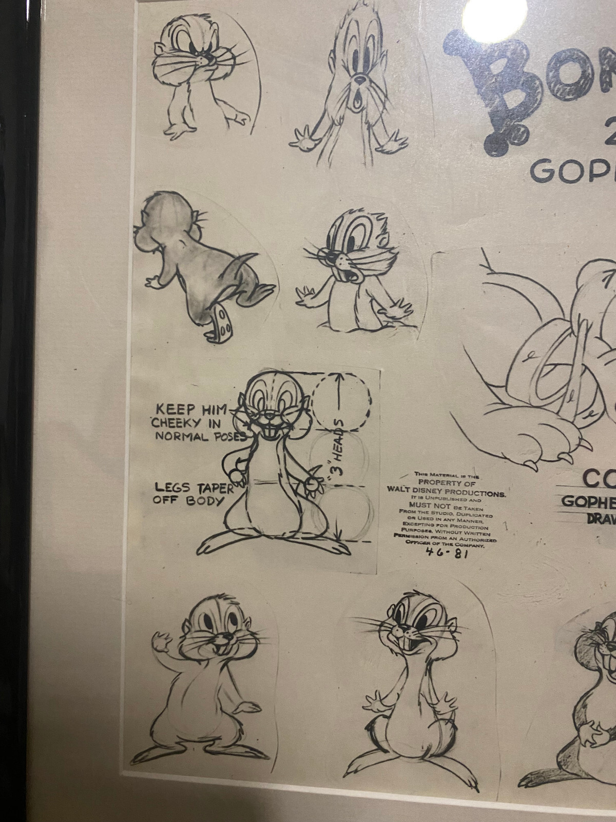 Disney Pluto Bone Bandit 1948 Cartoon Animation Model Sheet Framed and ...