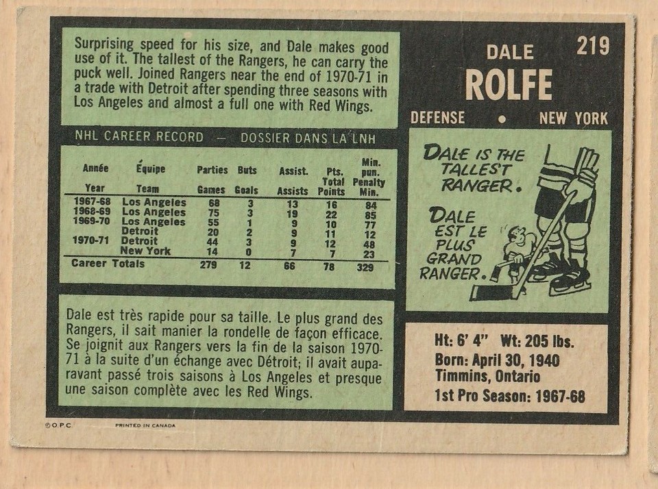 HOCKEY CARD NHL 1971-72 DALE ROLFE NEW YORK RANGERS OPC #219 | eBay