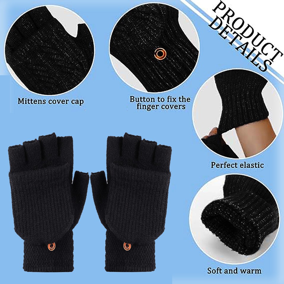 Women's Winter Wool Knitted Convertible Mittens Flap Fingerless Thermal ...
