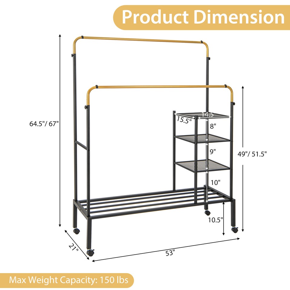Double Rods Garment Rack w/ 2 Hanging Height Adjustable Rods, 4 ...