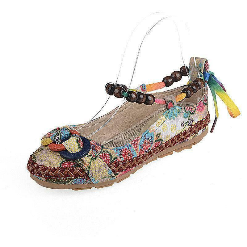 Vintage Women's Casual Embroidered Floral Beaded Flats Art Ballet ...