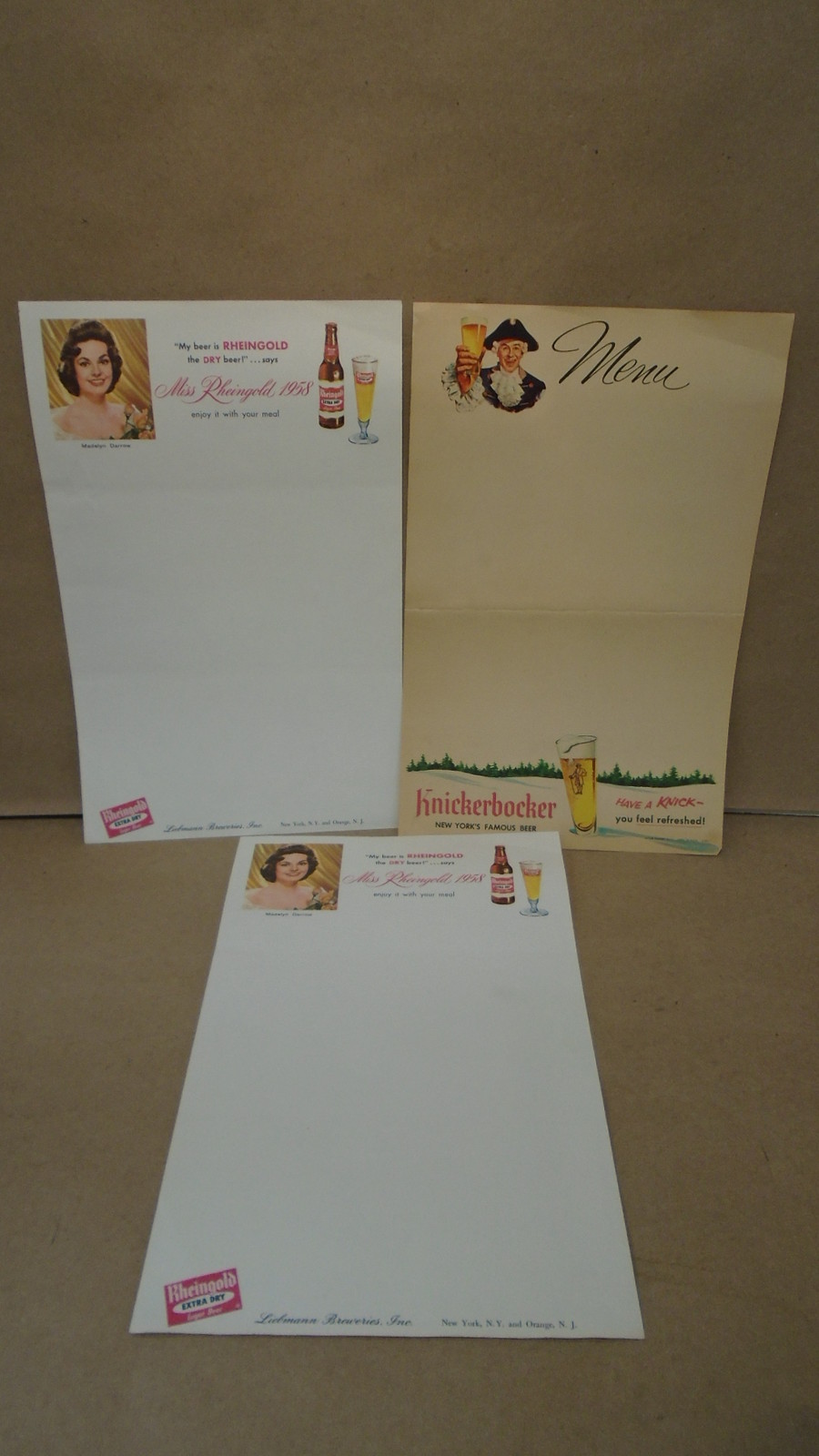 3 Vintage beer letter head menu knickerbocker and rheingold madelyn ...