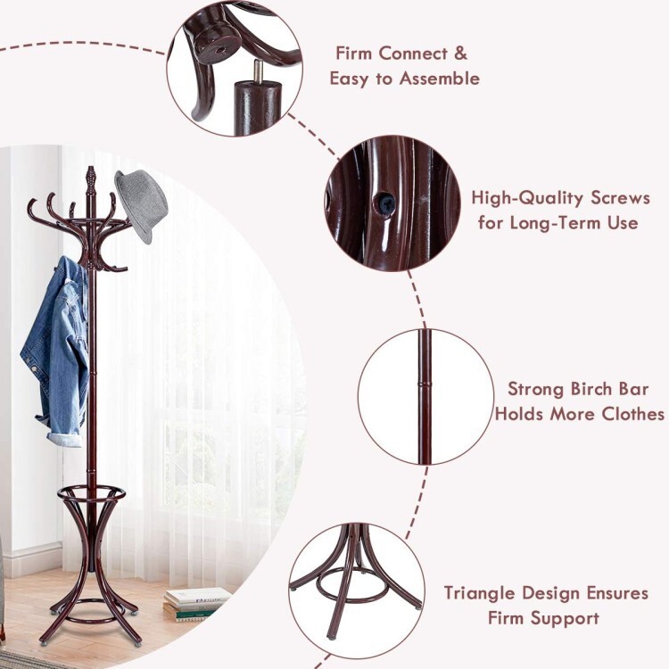 Wooden Standing Hat Coat Rack Tree Bag Hanger Tree 12 Hook Umbrella ...