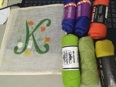 Green Floral K Initial Needlepoint Canvas plus 6 skeins of vintage wool ...