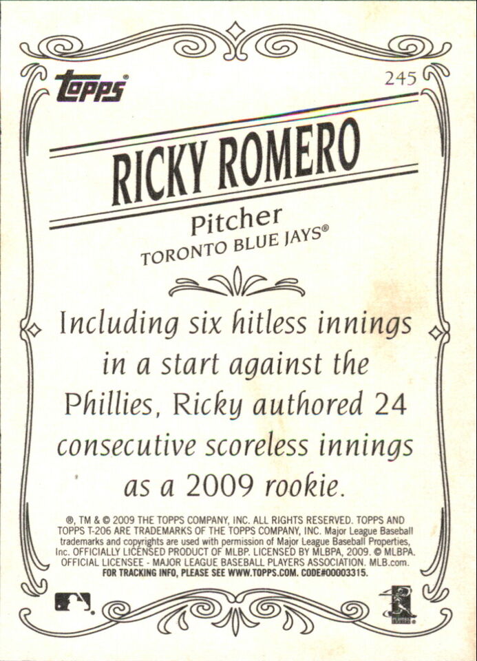 2009 (BLUE JAYS) Topps 206 #245 Ricky Romero (RC) | eBay