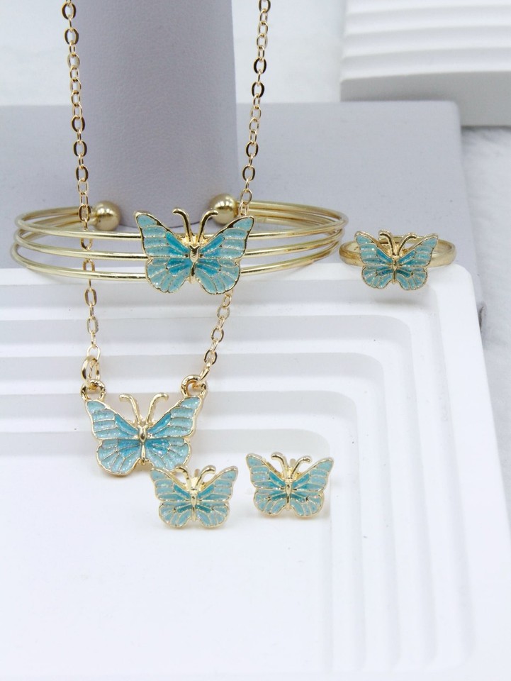 5pcs/set Blue Butterfly Design Jewelry Necklace, Bangle, Ring And ...