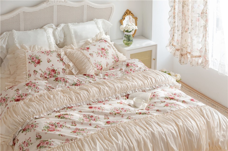 Romantic Bedding Set 100% Cotton Rose Print Princess Ruffles Duvet ...