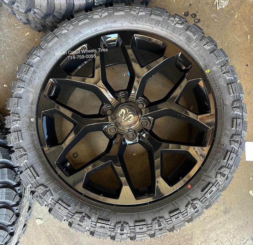 22” DODGE RAM 6lug 6X139.7 SNOWFLAKE BLACK WHEELS 33” Mud MT Tire ...