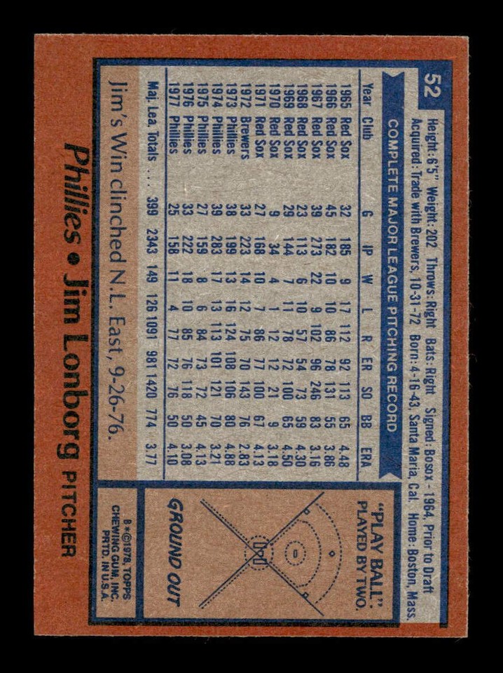 1978 Topps #52 Jim Lonborg Philadelphia Phillies EX Baseball Card *J176 ...
