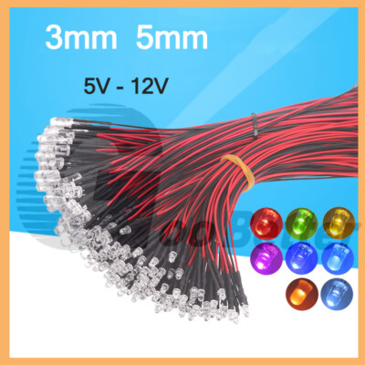 Pre-Wired LEDs 3mm/5mm Ultra Bright : 5V - 12V : Various Colours Lamp ...