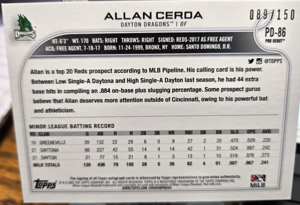 2022 Topps Pro Debut Blue Parallel Allan Cerda #PD-86 AUTO SN: 89 /150 ...