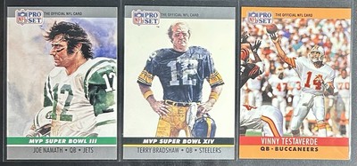 1990 Pro Set NFL 3 Card Lot - Joe Namath, Terry Bradshaw, Vinnie ...