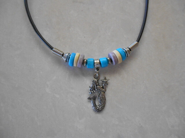 Mermaid Charm Holding Starfish 18" Necklace Black Leather Cord Hard ...