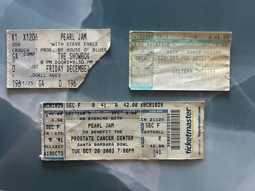 pearl jam ticket stub lot showbox Dec 9th, santa barbara bowl 10-28-03 ...