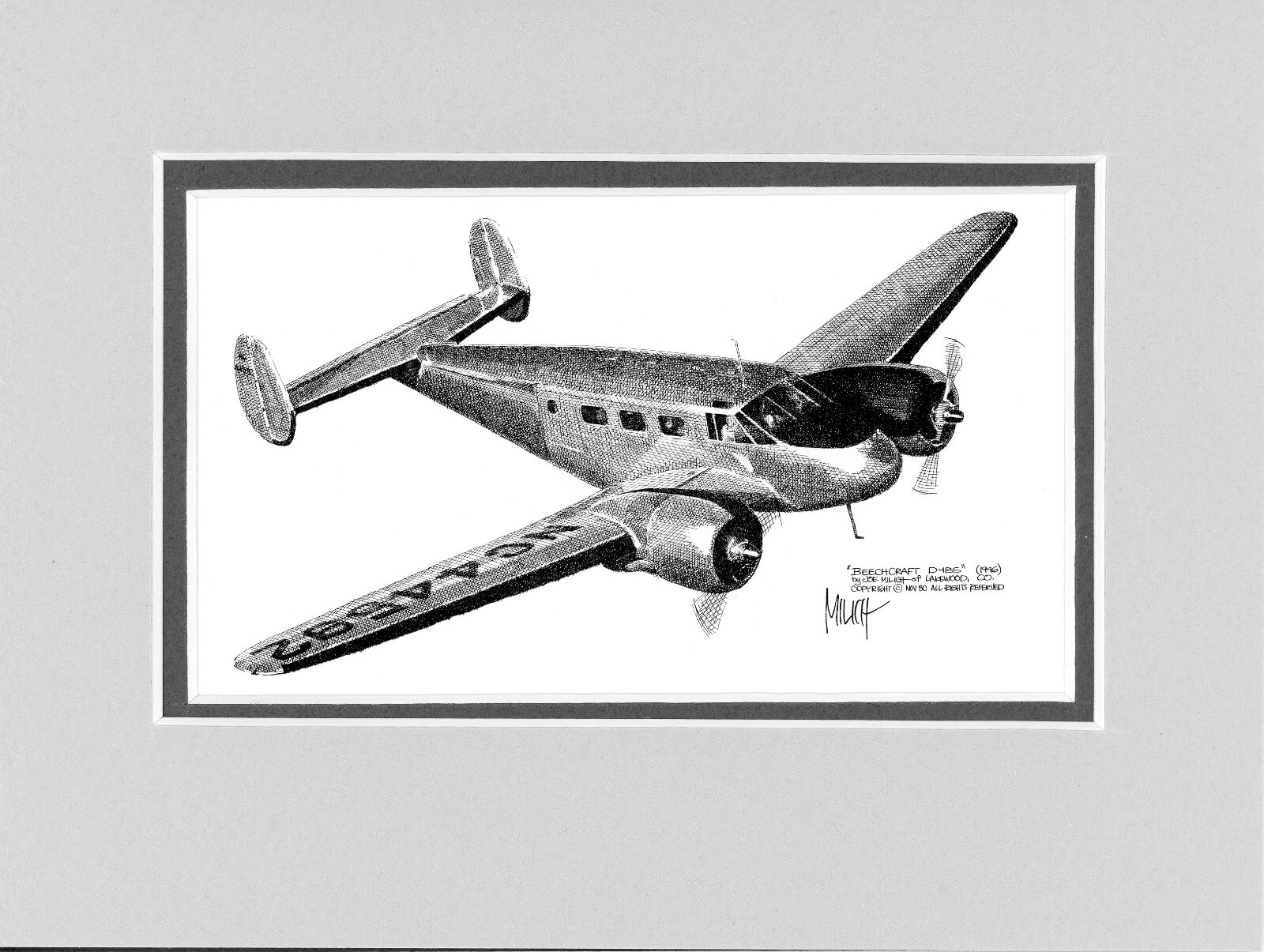 JOE MILICH Beechcraft D-185 (1946) Lakewood CO Nov 1980 Matted Art ...