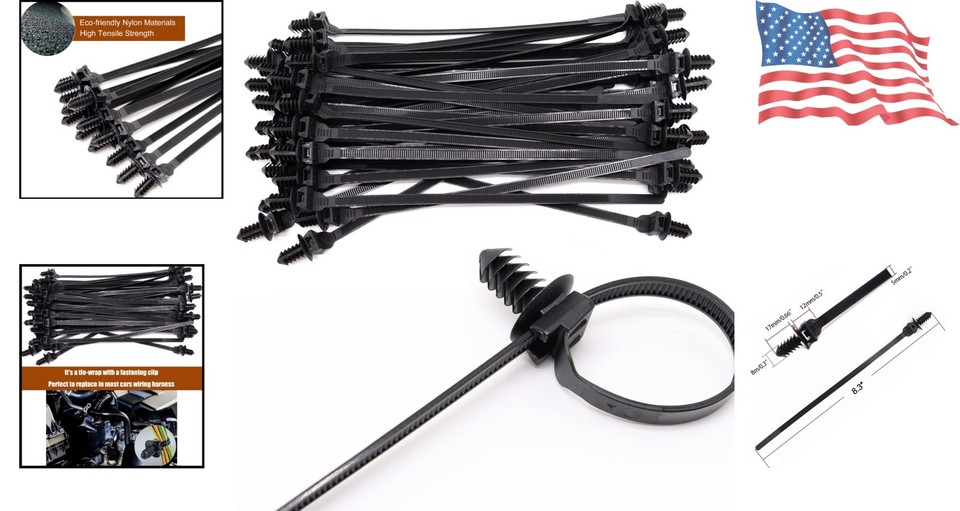 Push Mount Zip Ties, 8 inch Cable Zip Tie Black Wire Tie with Push Pin ...