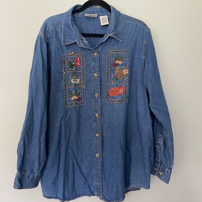 Vintage Faded Glory Embroidered Fall Denim Shirt-Squirrel/Pumpkins-22/ ...
