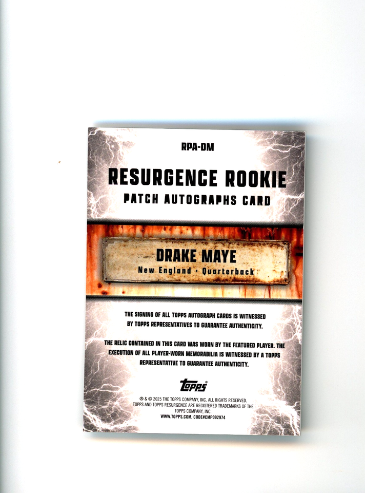 2024 Topps Resurgence Drake Maye RPA Rookie Patch Auto White Refractor ...