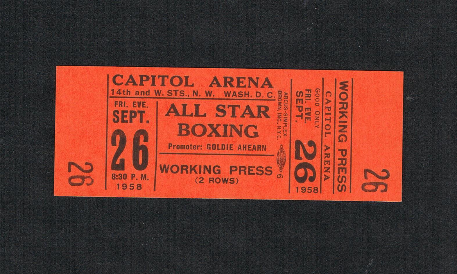 RARE 1958 WASH DC boxing ticket KERWIN RYFF ELLIS HAYWARD SMITH BELL ...