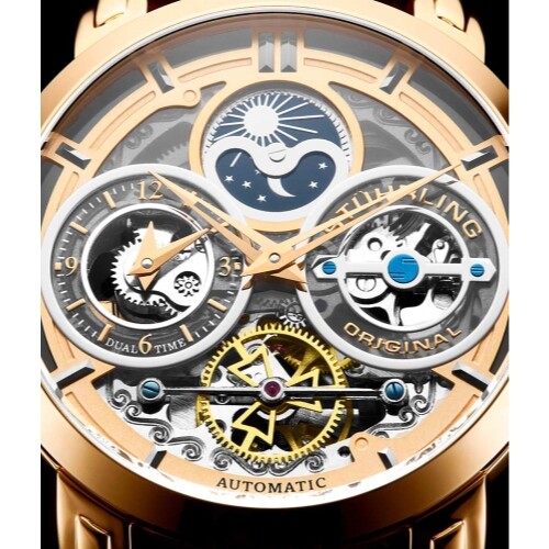 Stuhrling 371B 04 Luciano Automatic Skeleton Dual Time AM/PM Bracelet ...