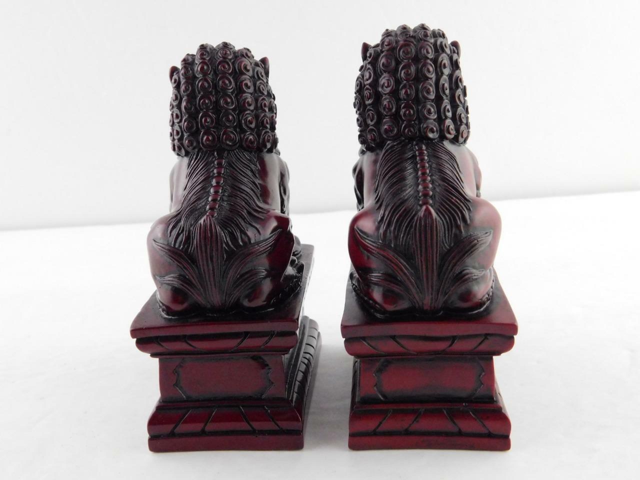 Pair of Red Resin Chinese Foo Dogs on Pedestals Shishi Lions China Made ...