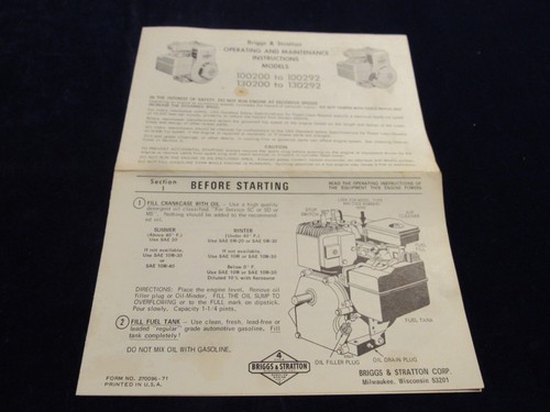 Briggs & Stratton Engine Model 100200 TO 100292 & 130200 TO 130292 ...