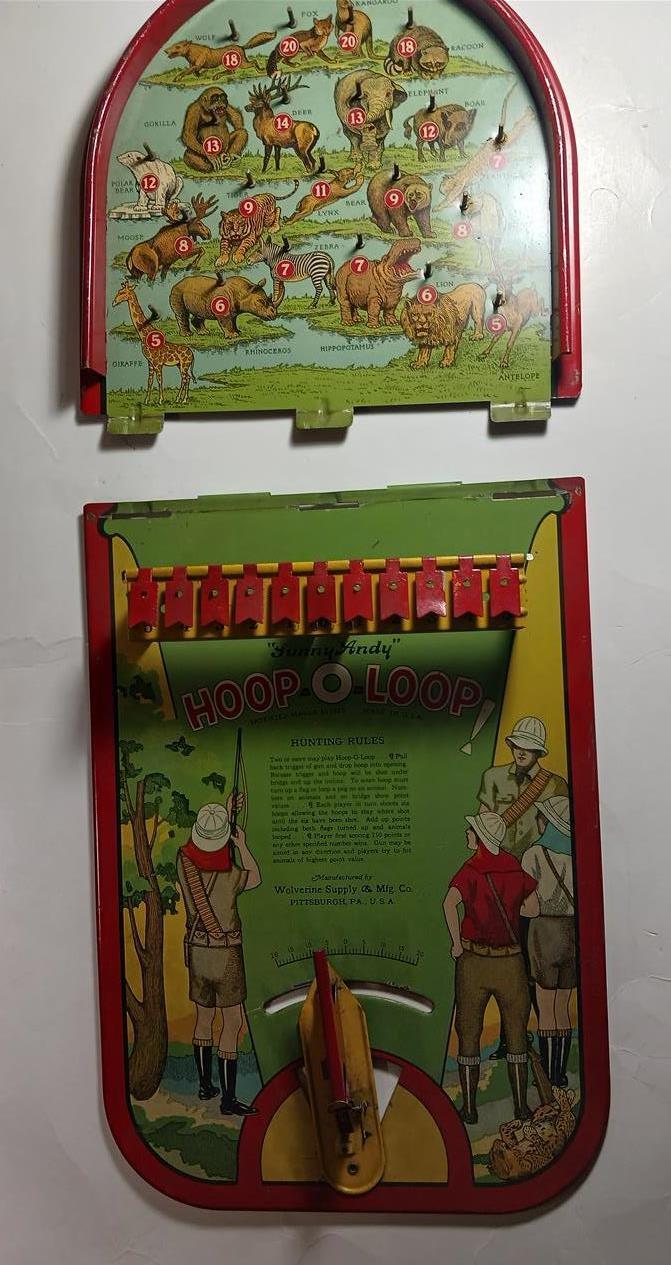 VINTAGE SUNNY ANDY HOOP O LOOP HUNTING GAME WOLVERINE 1925 SHOOTING TIN ...