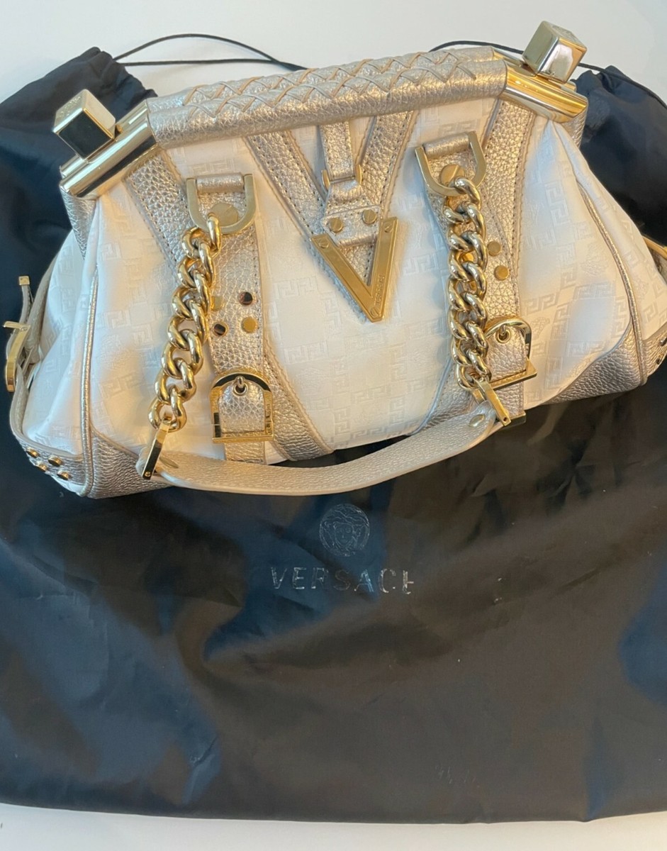 Versace Beige/Metallic Canvas & Leather Madonna Boston Bag Versace Beige/Metallic Canvas & Leather Madonna Boston Bag