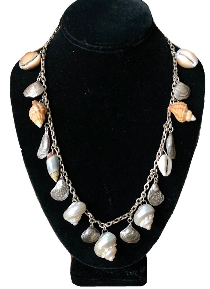 ILARIA PERU STERLING SILVER NECKLACE 925 SEASHELL SHELL BIB CHARM CHAIN ...