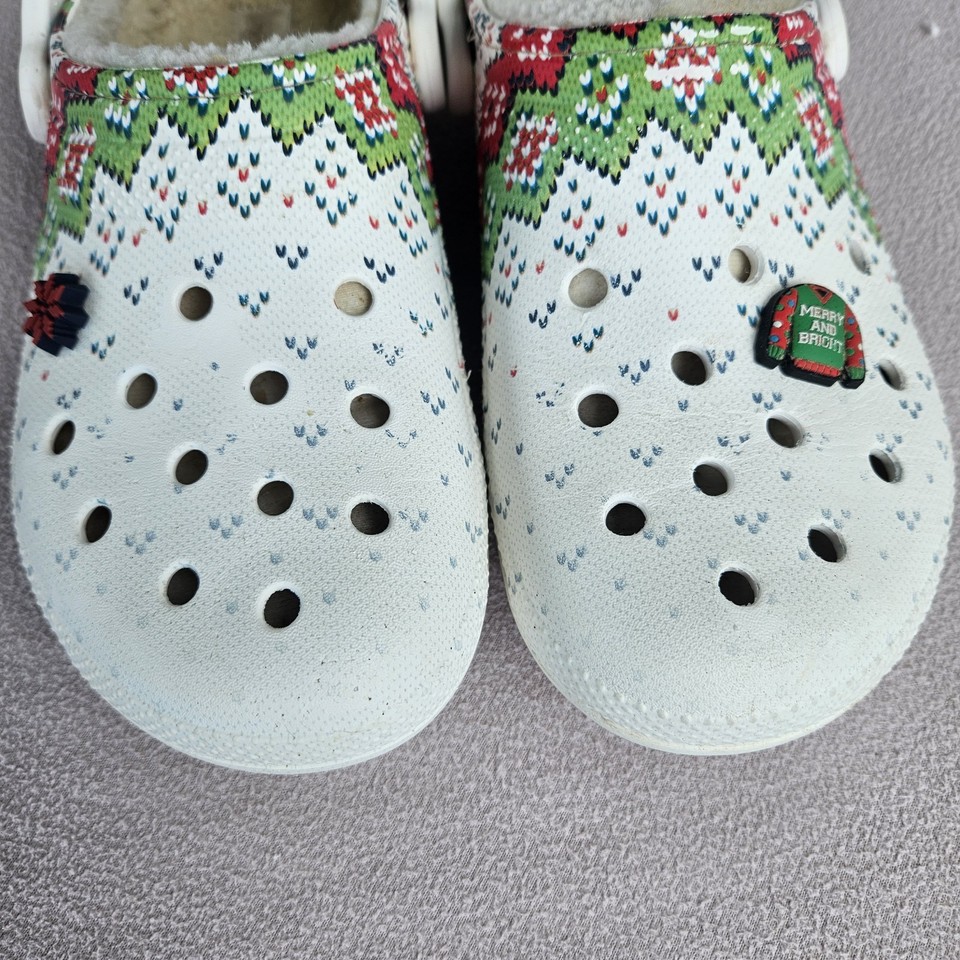 Crocs Classic Lined Holiday Charm Clog Women 9 Men 7 White Ugly Sweater ...