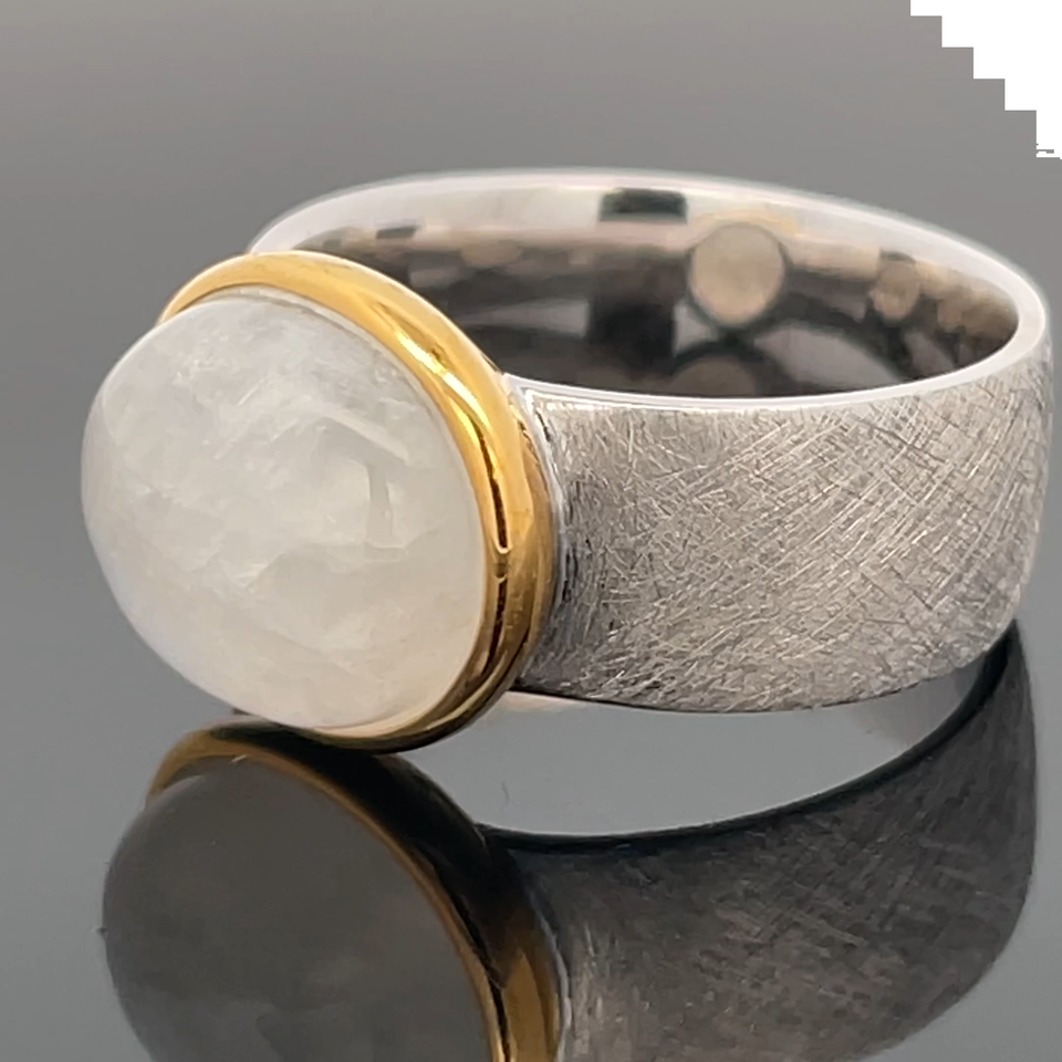 RING GR. 16 (CA.50) AUS 925/-SILBER RHOD/VERG. MIT RAINBOW MONDSTEIN ...