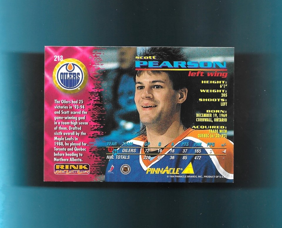1994-95 Pinnacle RINK COLLECTION Card # 213 SCOTT PEARSON EDMONTON OILERS | eBay