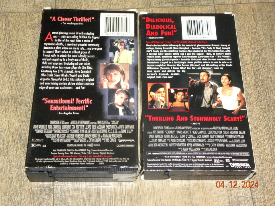 Scream & Scream 2 VHS Lot Neve Campbell, Courtney Cox, David Arquette ...