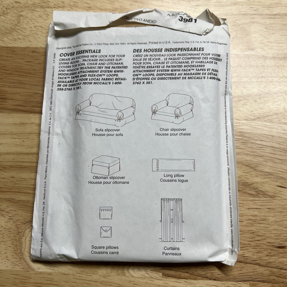 McCall's 3981 Home Decorating Sewing Pattern Sofa & Chair Cover Pillows ...