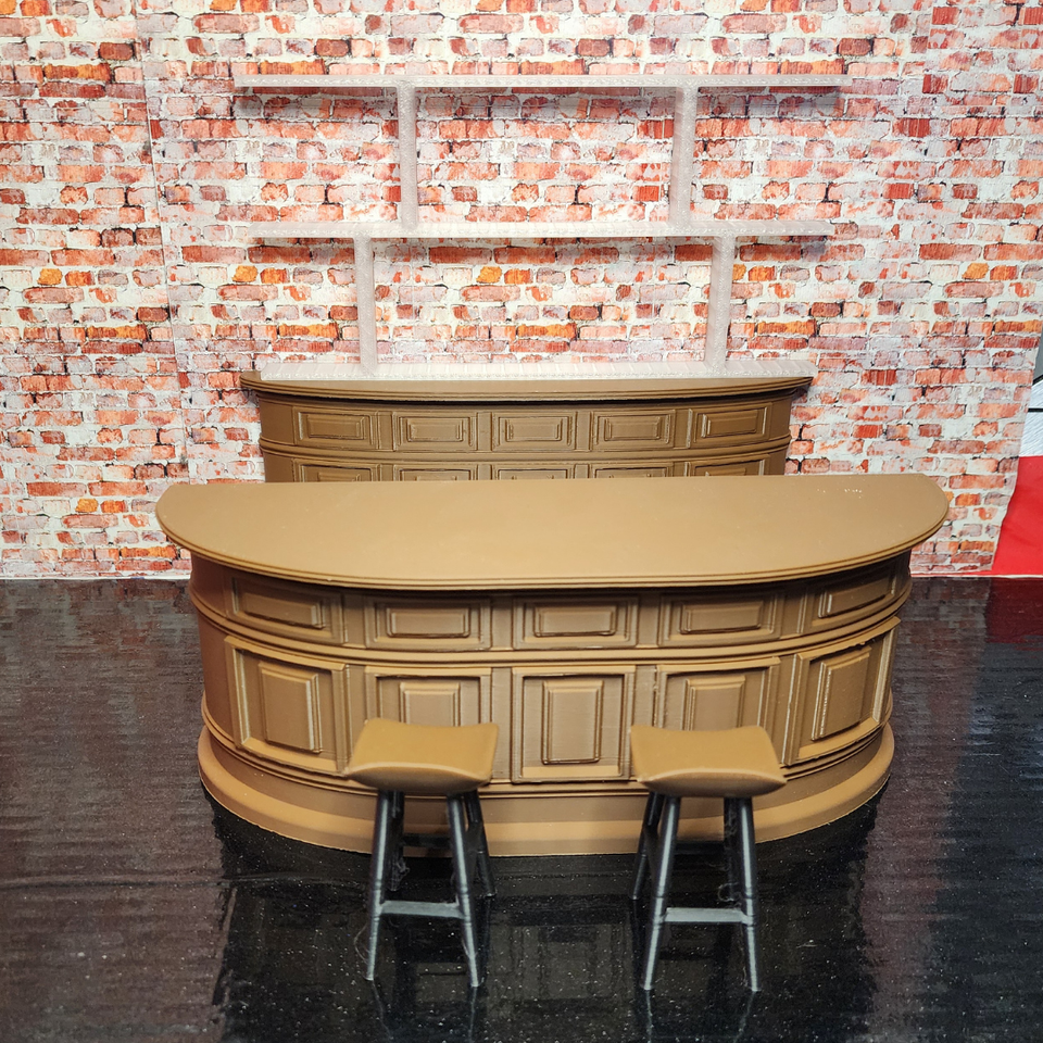 1/12 SCALE BAR SET, With Back Bar and Bottle Rack and 2 Bar Stools, 3D ...
