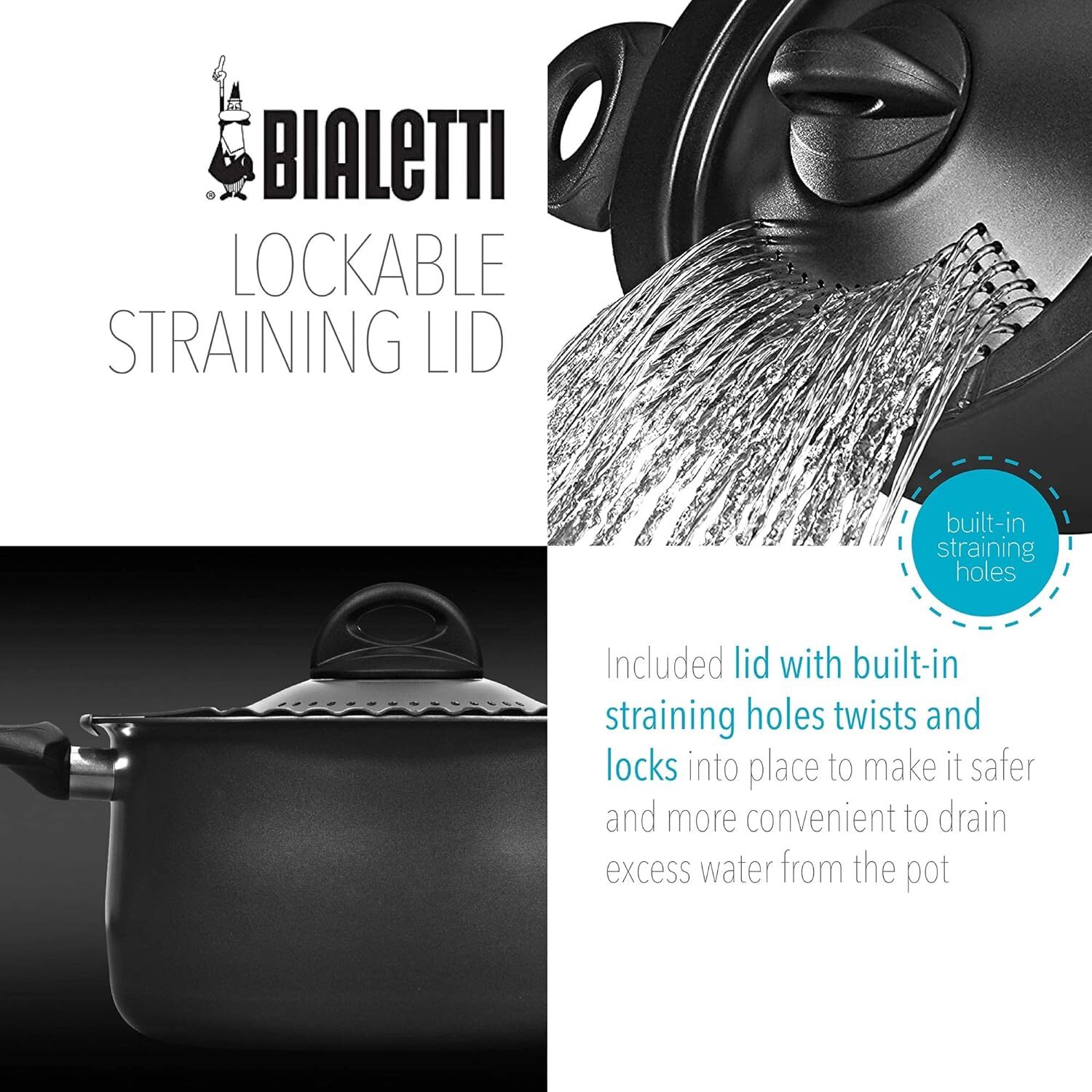 Bialetti Oval Aluminum 5.5 Quart Pasta Pot with Strainer Lid, Nonstick ...