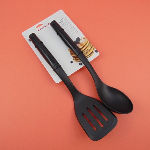 KitchenAid Slotted Turner Food Spatula Solid Basting Spoon Set Black ...