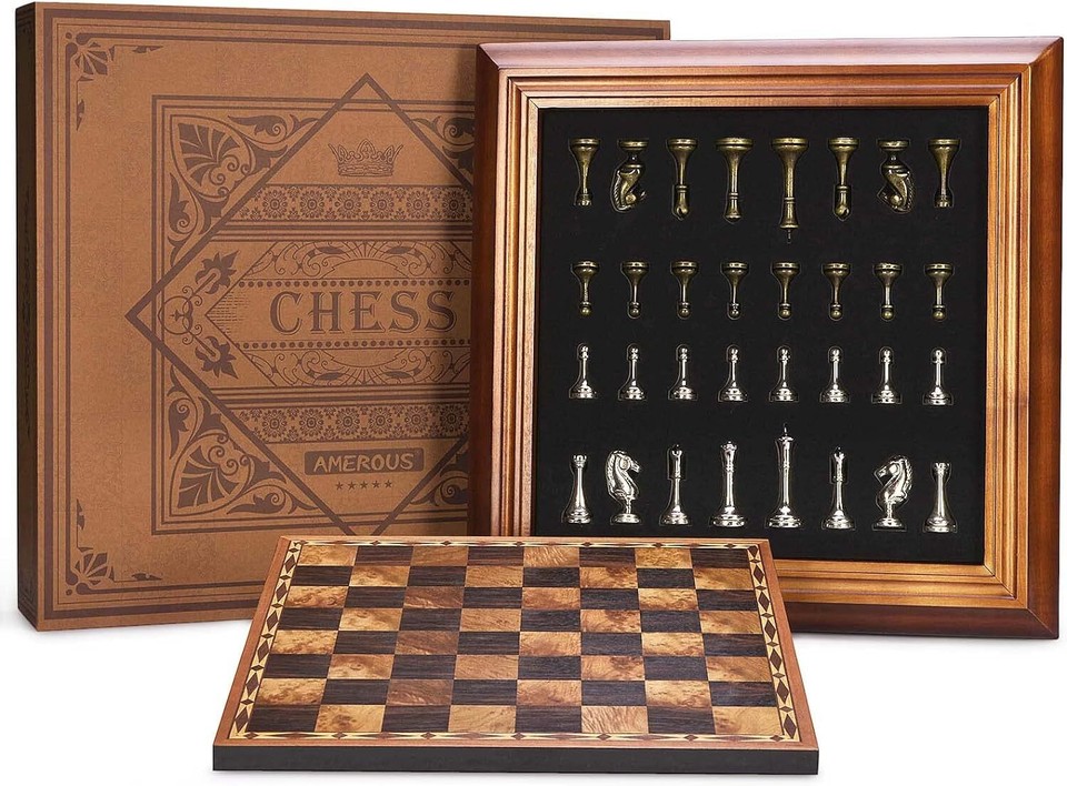 Vintage Chess Set,Wood Chess Board with Storage,Metal Chess Pieces ...