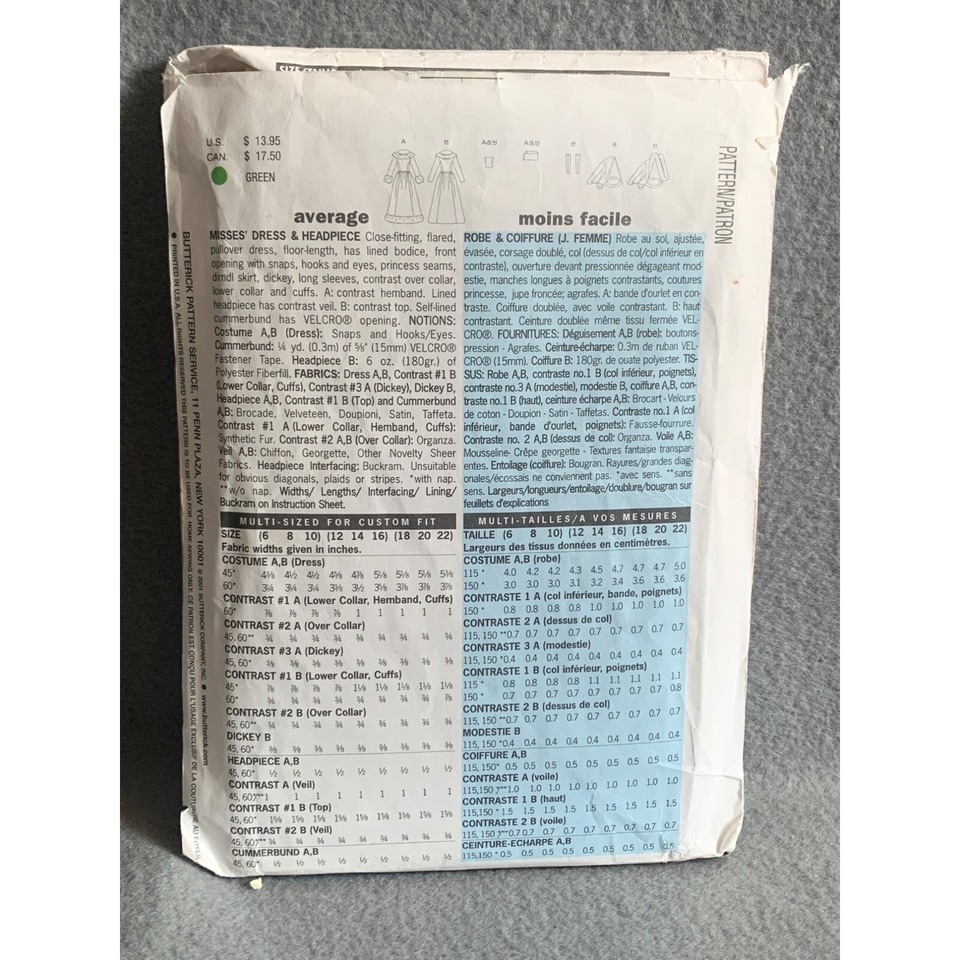 Butterick 6751 Medieval Dress Headpiece Sewing Pattern Sizes 12-16 ...