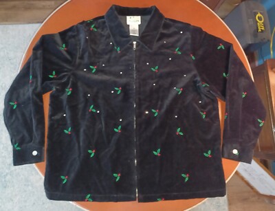 Quacker Factory Velvet Jacket Womens XL Embroidered Full Zip Black ...