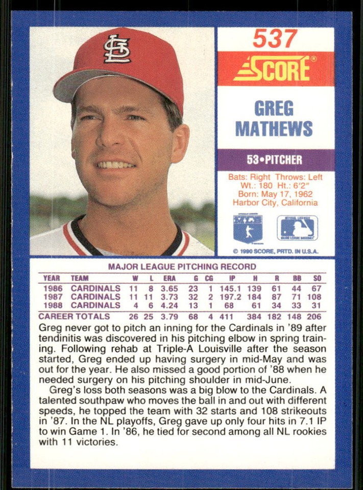 1990 Score #537 Greg Mathews | eBay