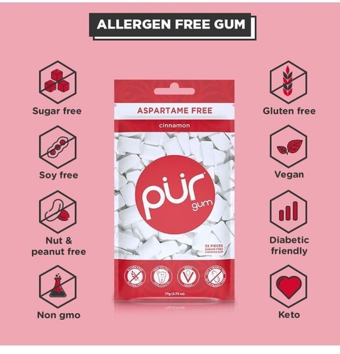 PUR Xylitol Chewing Gum CINNAMON (55 Pieces, 3 Pack) Sugarless Vegan ...